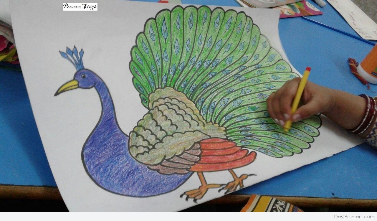 Pencil Color Sketch Of Peacock
